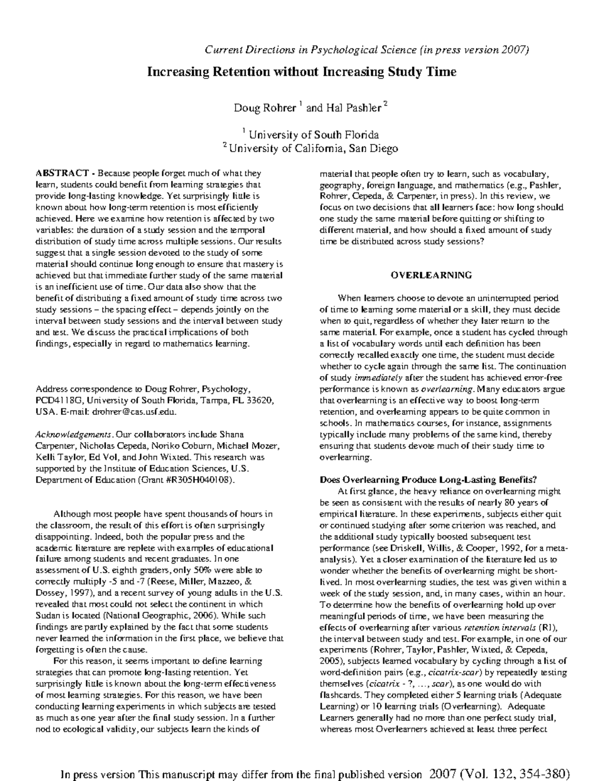 ED505647 - Increasing Retention Strategies in Psychology Research - Studocu