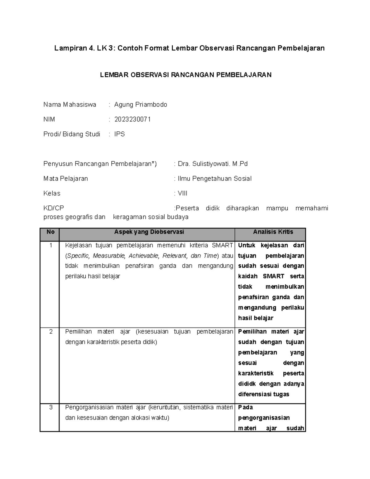 Lampiran 4: Contoh Format Lembar Observasi untuk Rancangan Pembelajaran ...