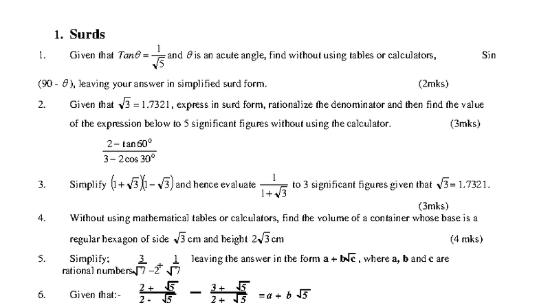 Surds and Angles - Revision Notes for Math 101 - Studocu