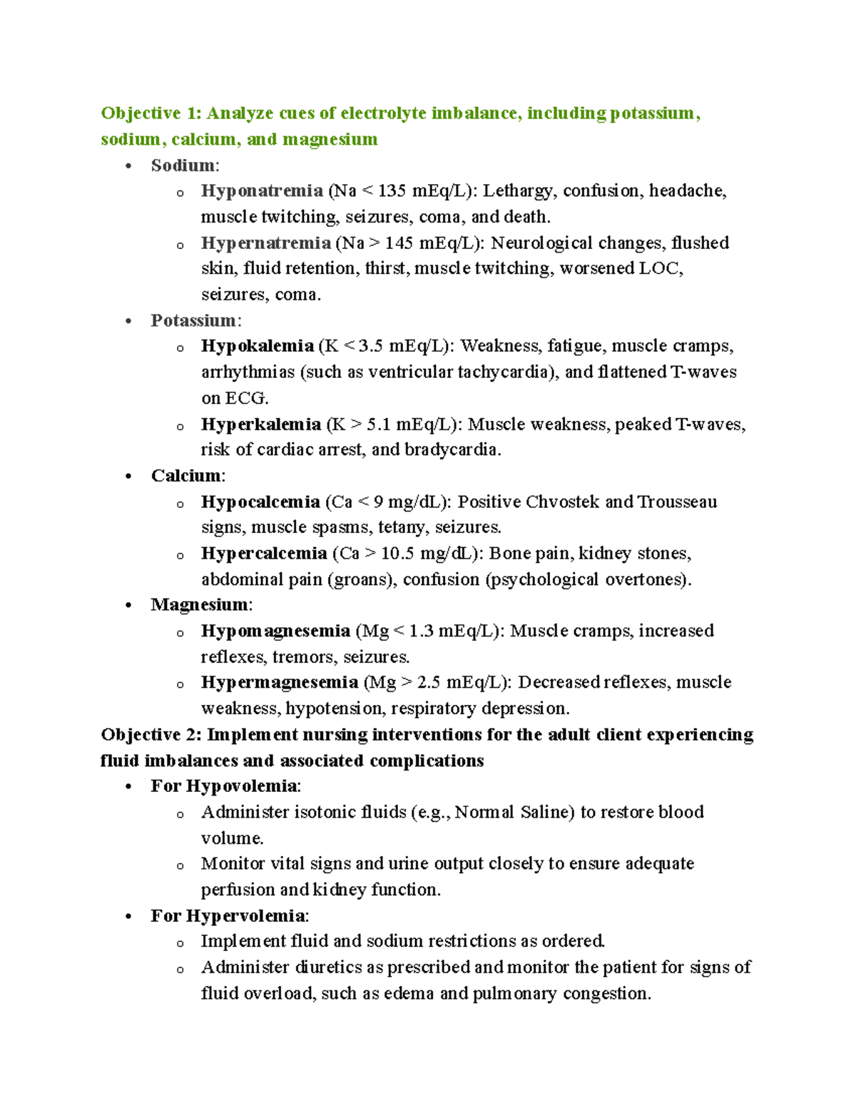 Fluid & Electrolytes Notes: Key Concepts & Nursing Interventions - Studocu