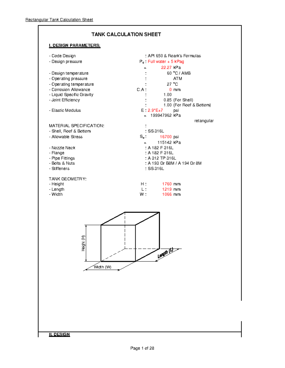 Rectangular Tank Design Parameters Sheet - API 650 - Studocu
