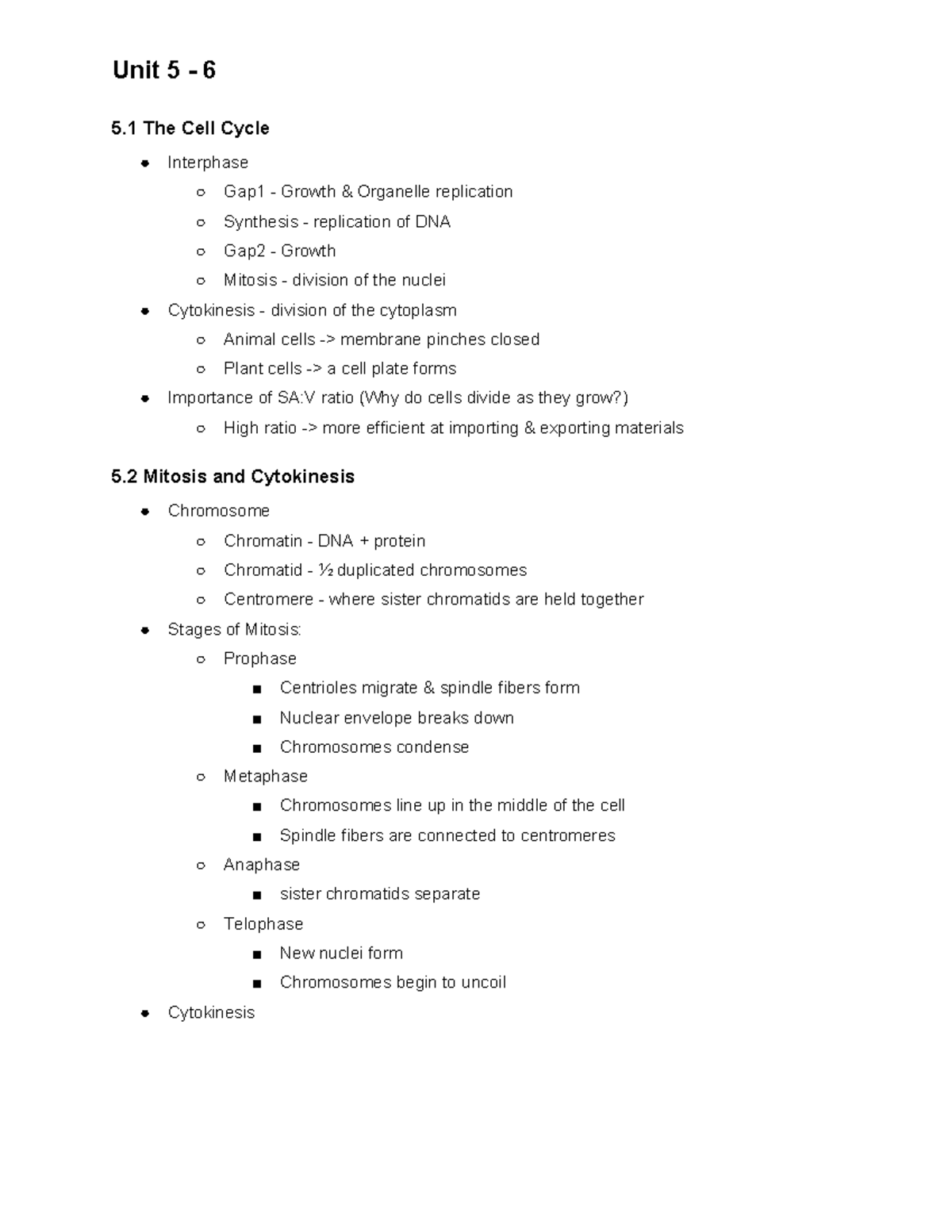 Biology Unit 5-6 notes - Unit 5 - 6 5 The Cell Cycle Interphase Gap1 ...