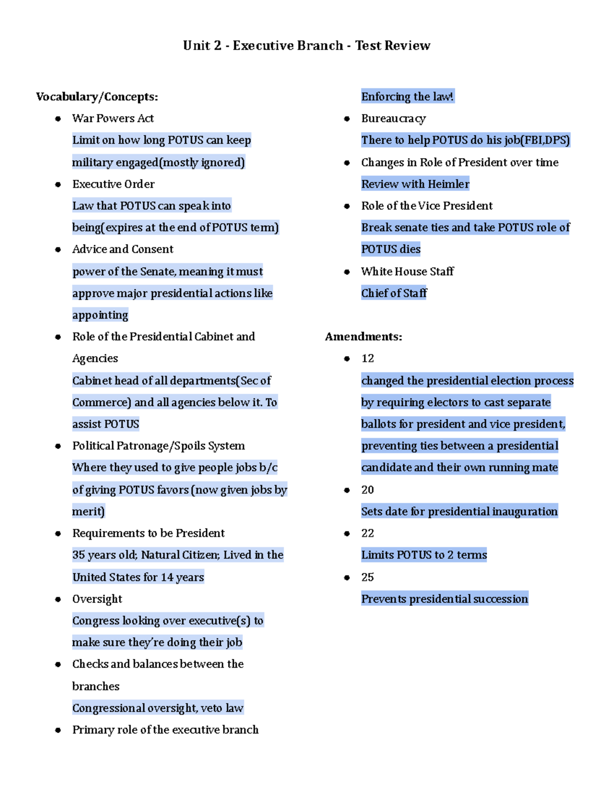 Unit 2 - Executive Branch Test Review (GOVDC): Key Concepts & Powers ...
