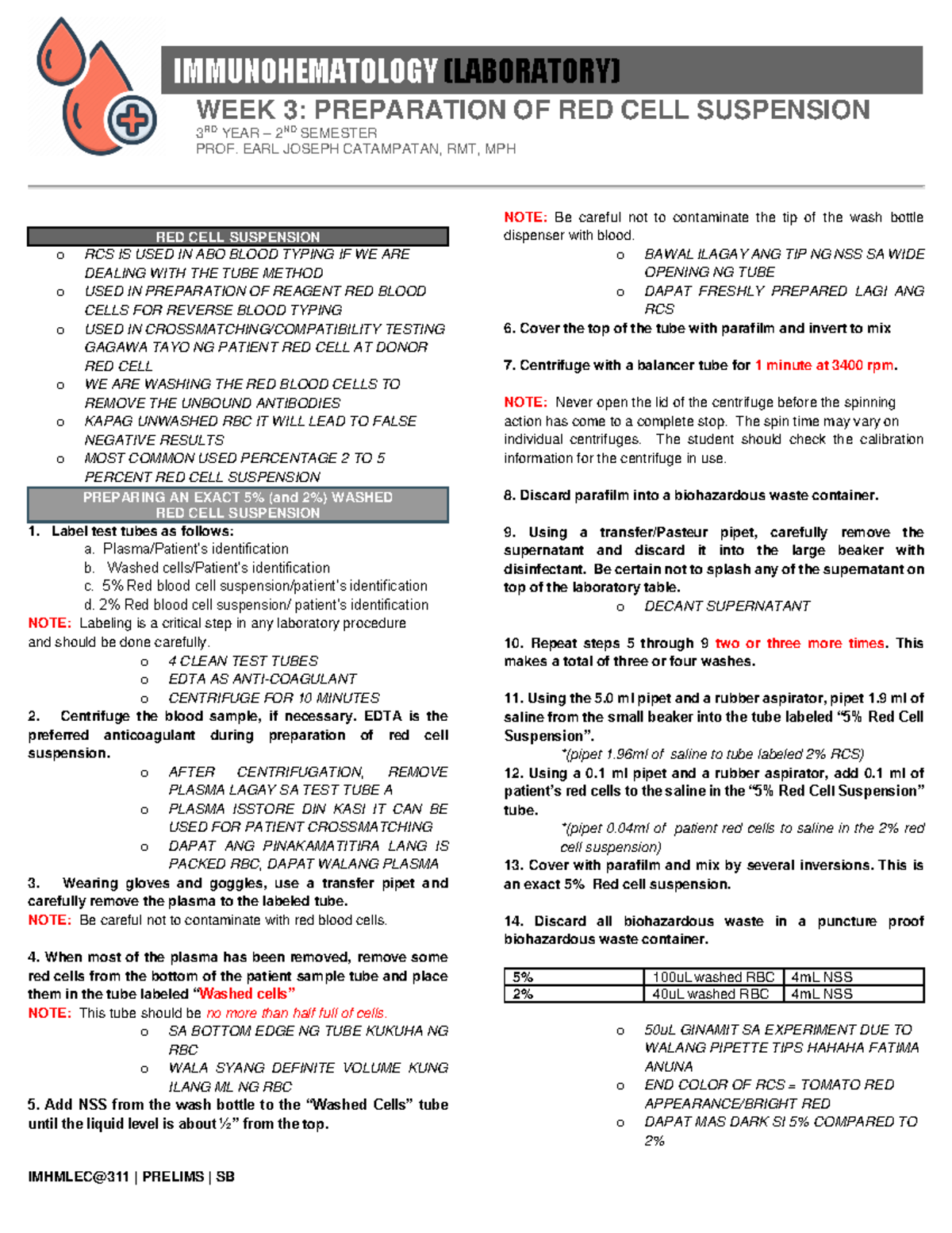 IMHMLEC@311 PRELIMS: Week 3 Red Cell Suspension Preparation Guide - Studocu