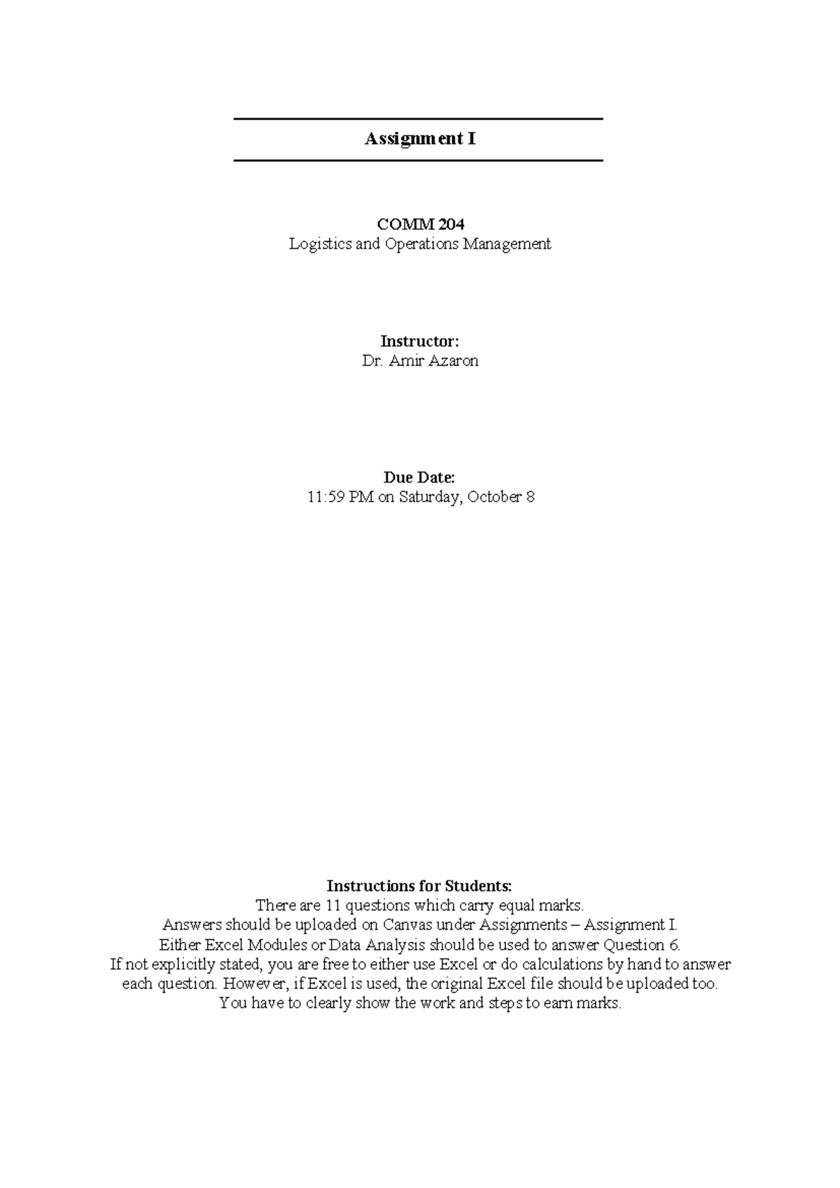 Assignment I - COMM204 - Assignment I COMM 204 Logistics and Operations ...