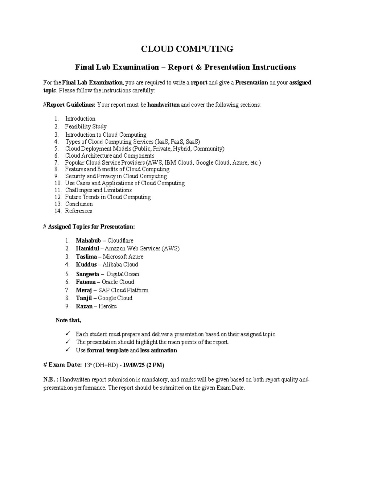 CLOUD COMPUTING Final Lab Exam Report & Presentation Guidelines - Studocu