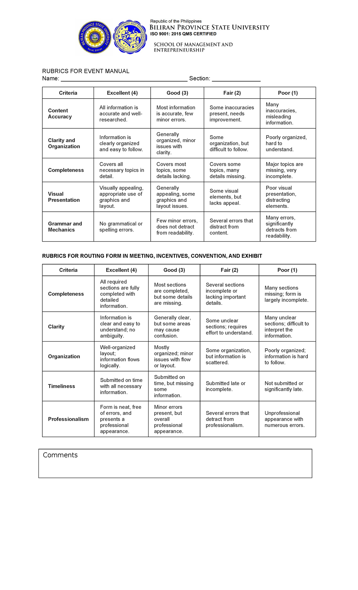 Grading Rubrics for MICE 2024 1 - RUBRICS FOR EVENT MANUAL Name: - Studocu