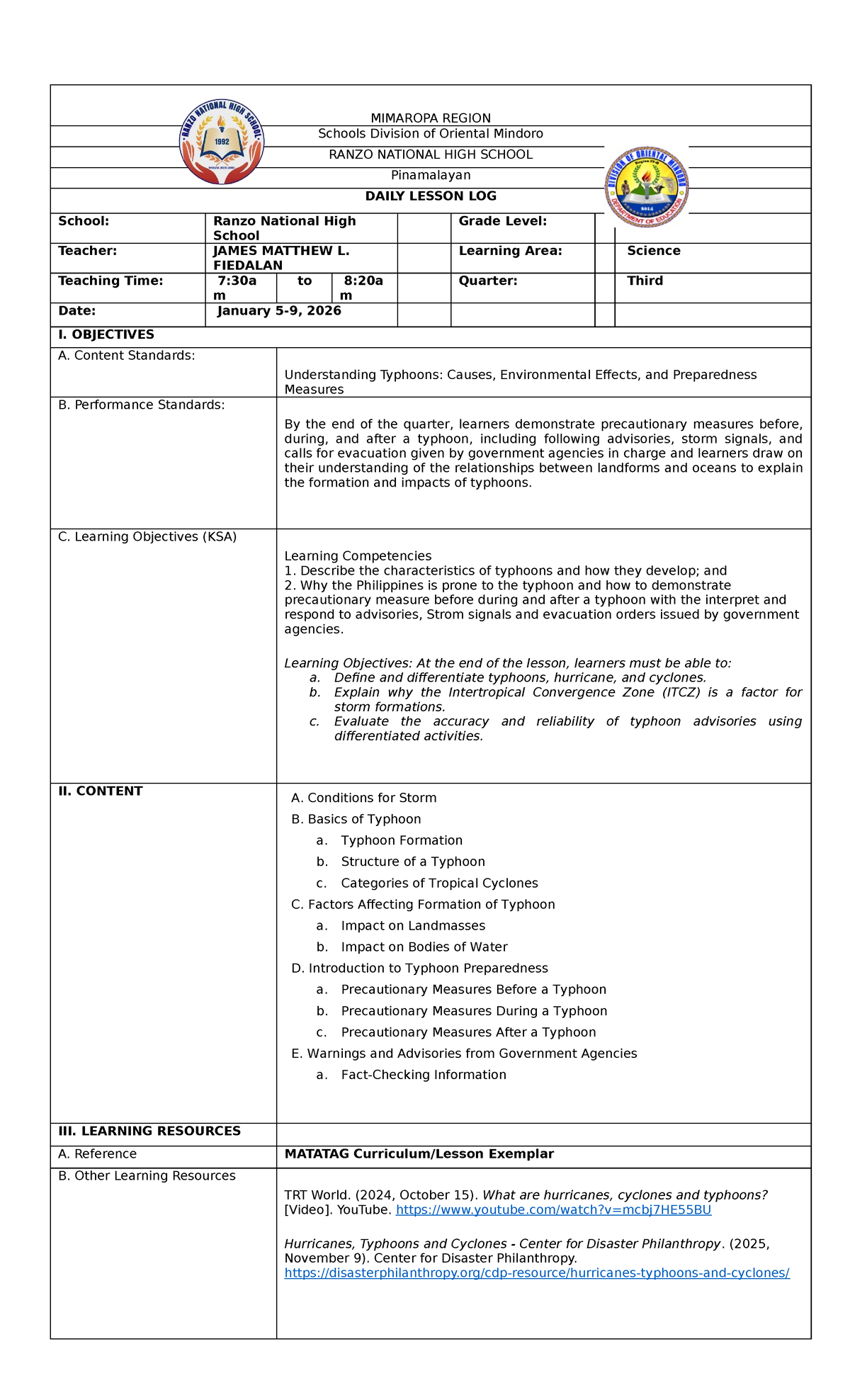 MIMAROPA REGION Grade 8 Science Lesson Plan: Understanding Typhoons ...