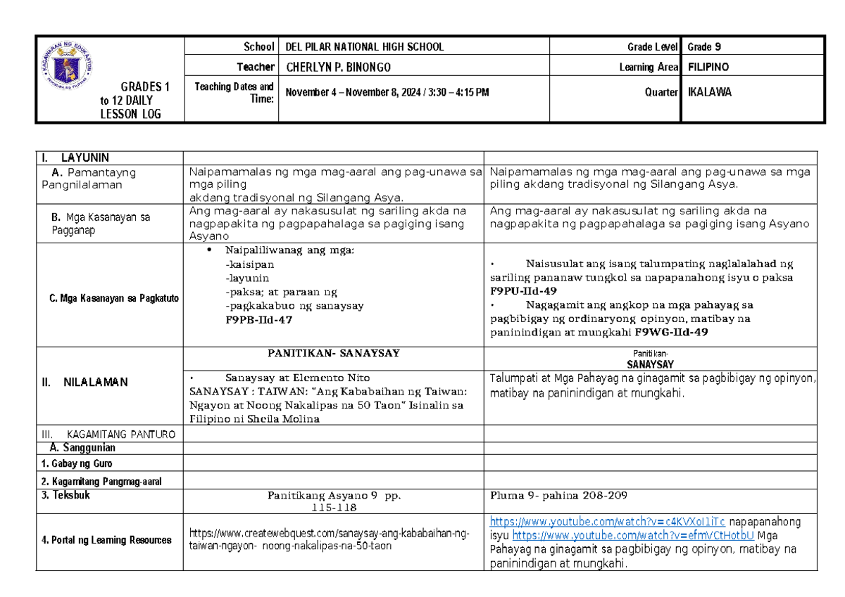 Filipino 9 DLL - Daily Lesson Log for Nov 4-8, 2024 - Studocu