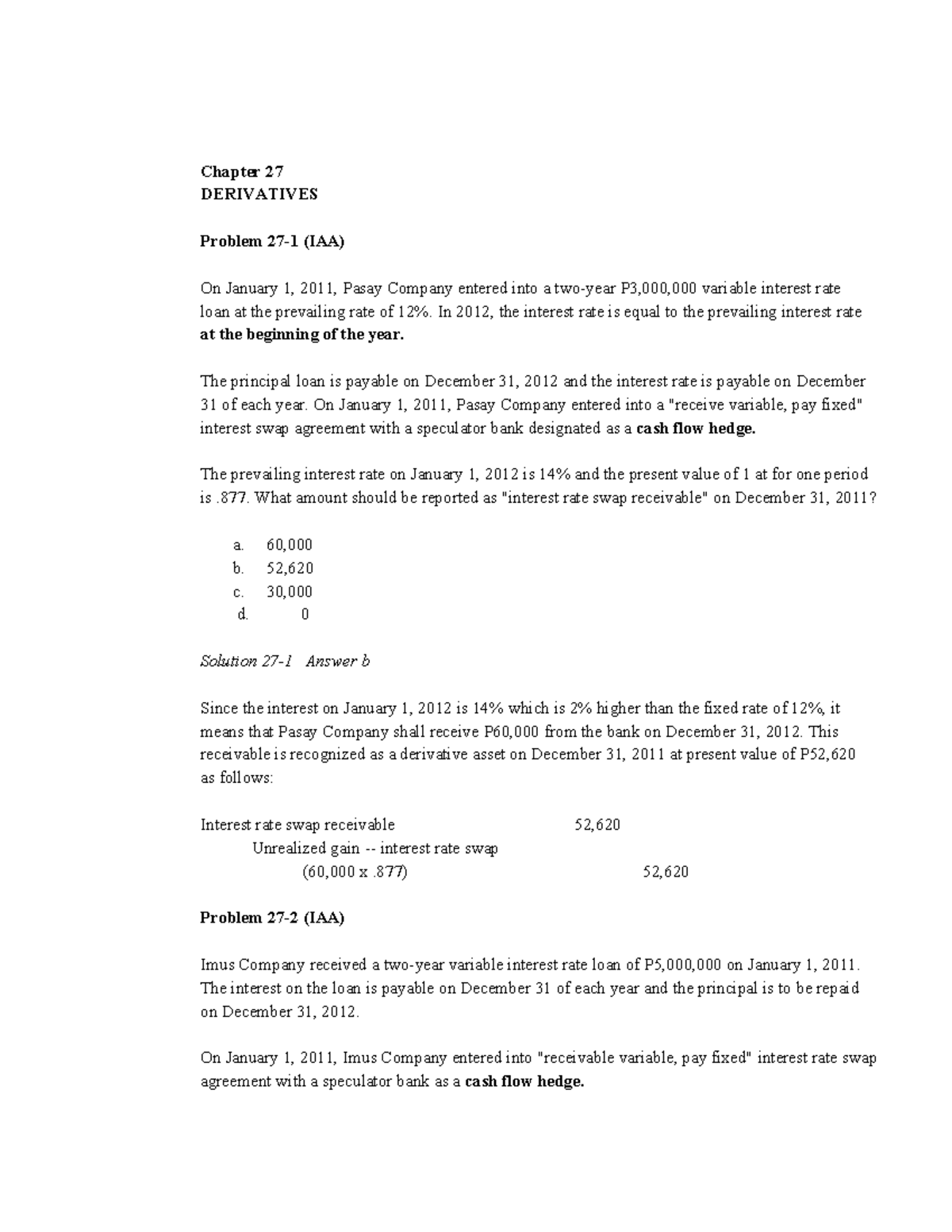 **IAA Chapter 27 Derivatives Problems and Solutions** - Studocu