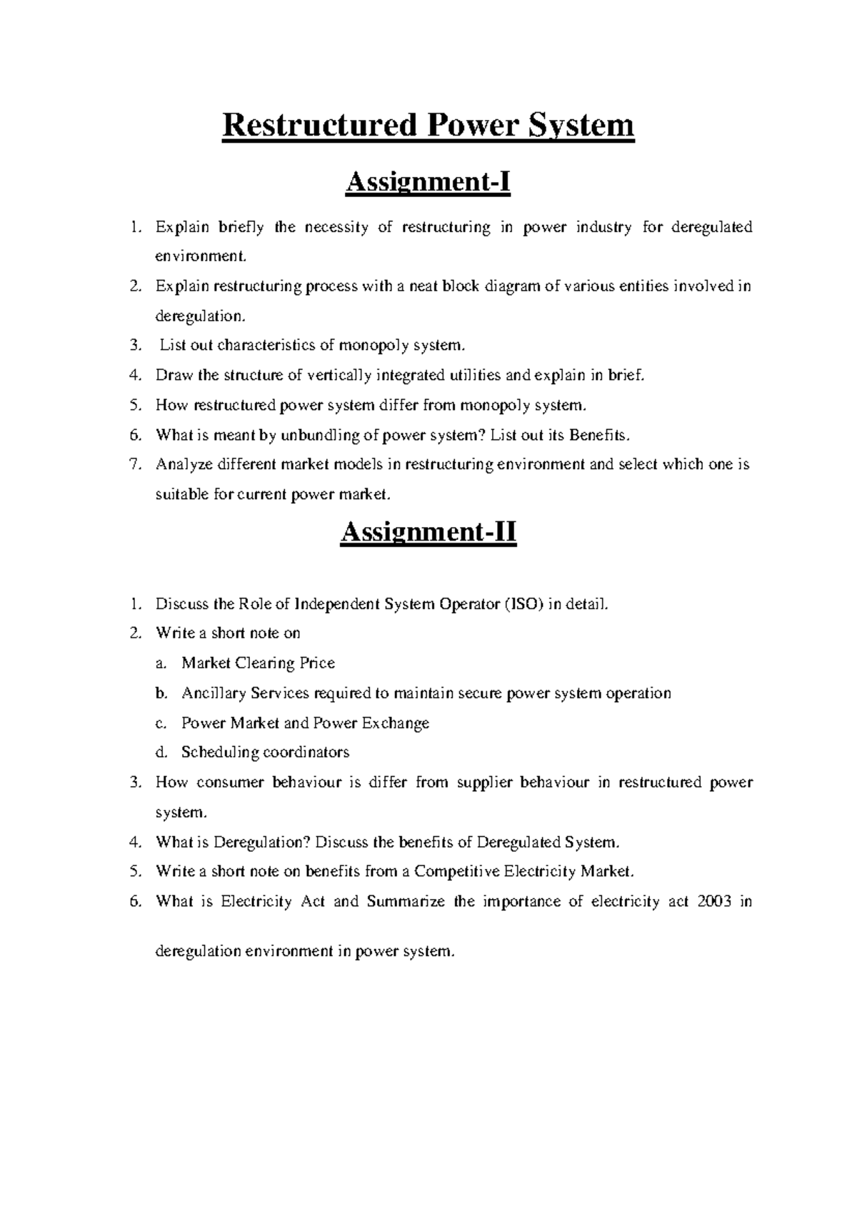 Assignment RPS: Restructuring in Power Systems and Deregulation ...