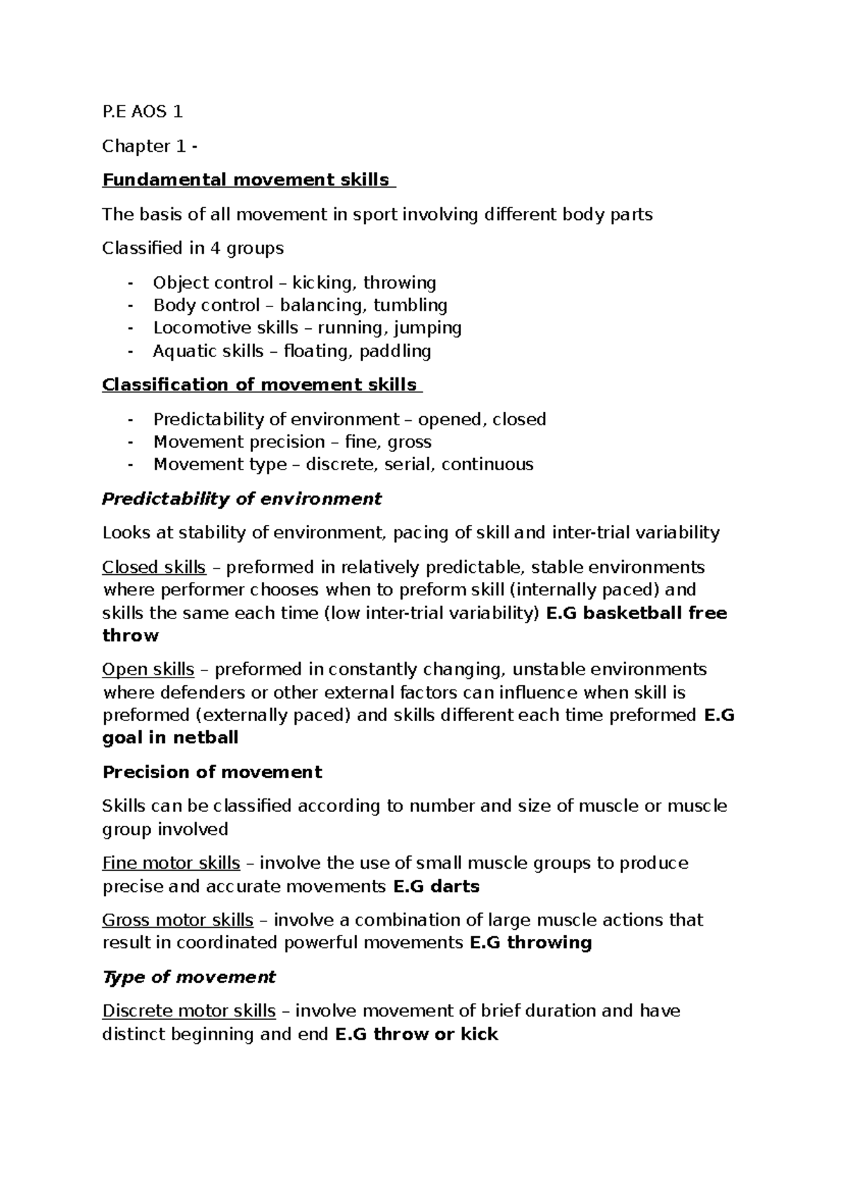 P.E AOS 1 Chapter 1 & 2: Fundamental Movement Skills & Learning Stages ...