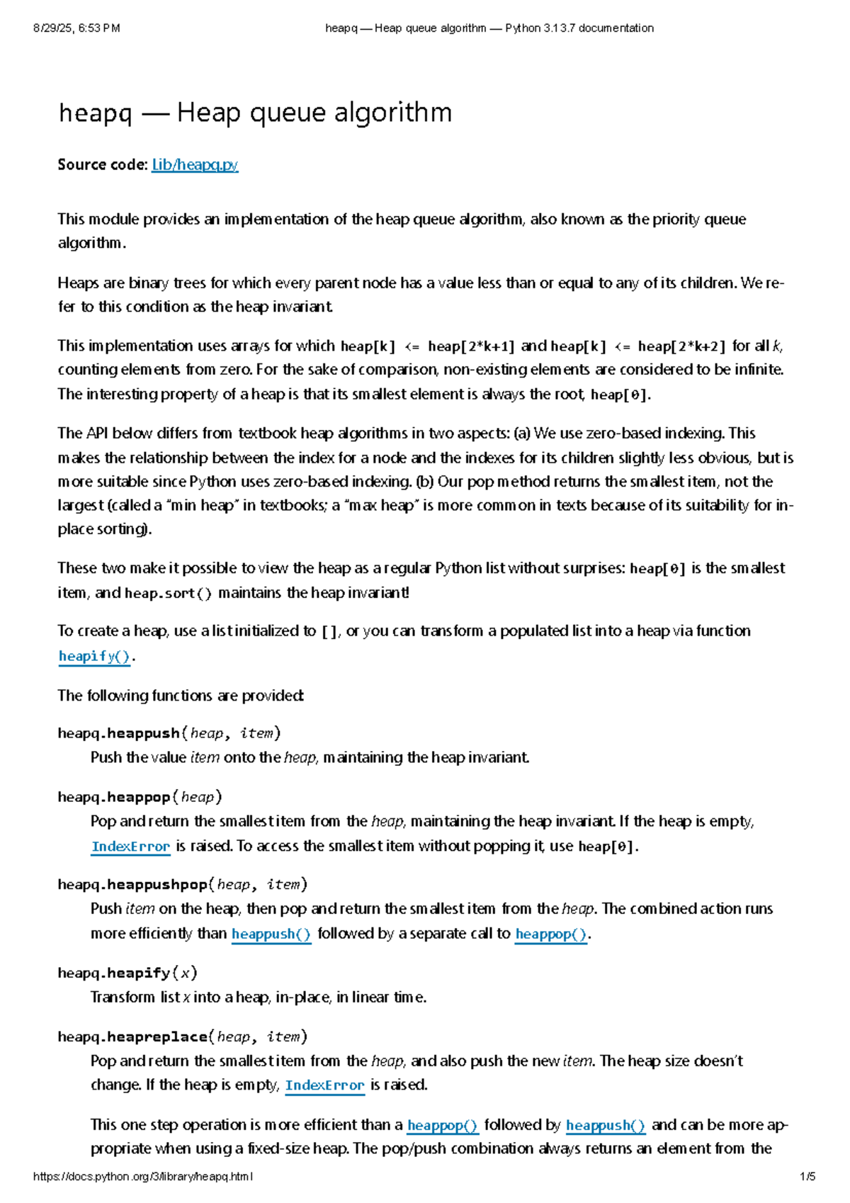Heapq: Heap Queue Algorithm Overview - Python 3.13.7 Documentation - Studocu