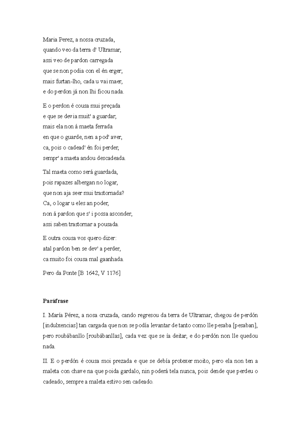 Poesía Medieval: Estudo sobre "Pero da Ponte" e a Indulxencia - Studocu
