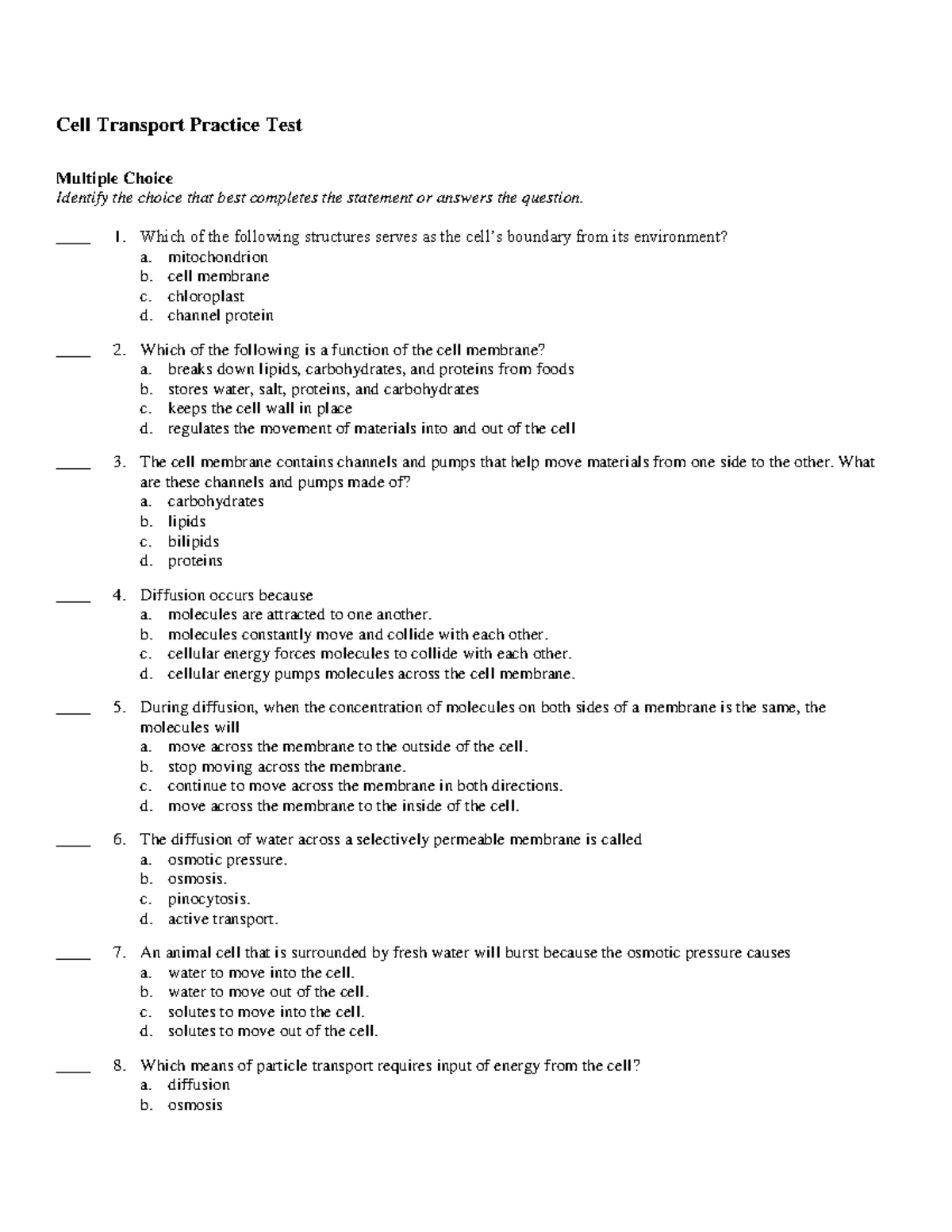 368105409 Cell Transport MCQ Practice Test and Answers - Studocu