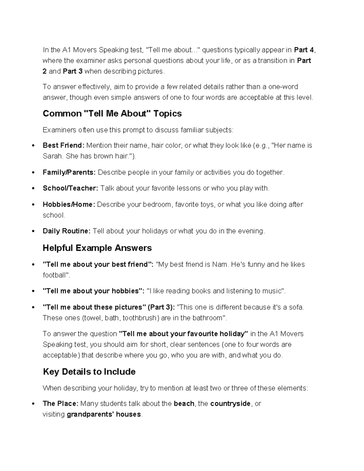 A1 Movers Speaking Test: Key Tips for Part 4 Responses - Studocu