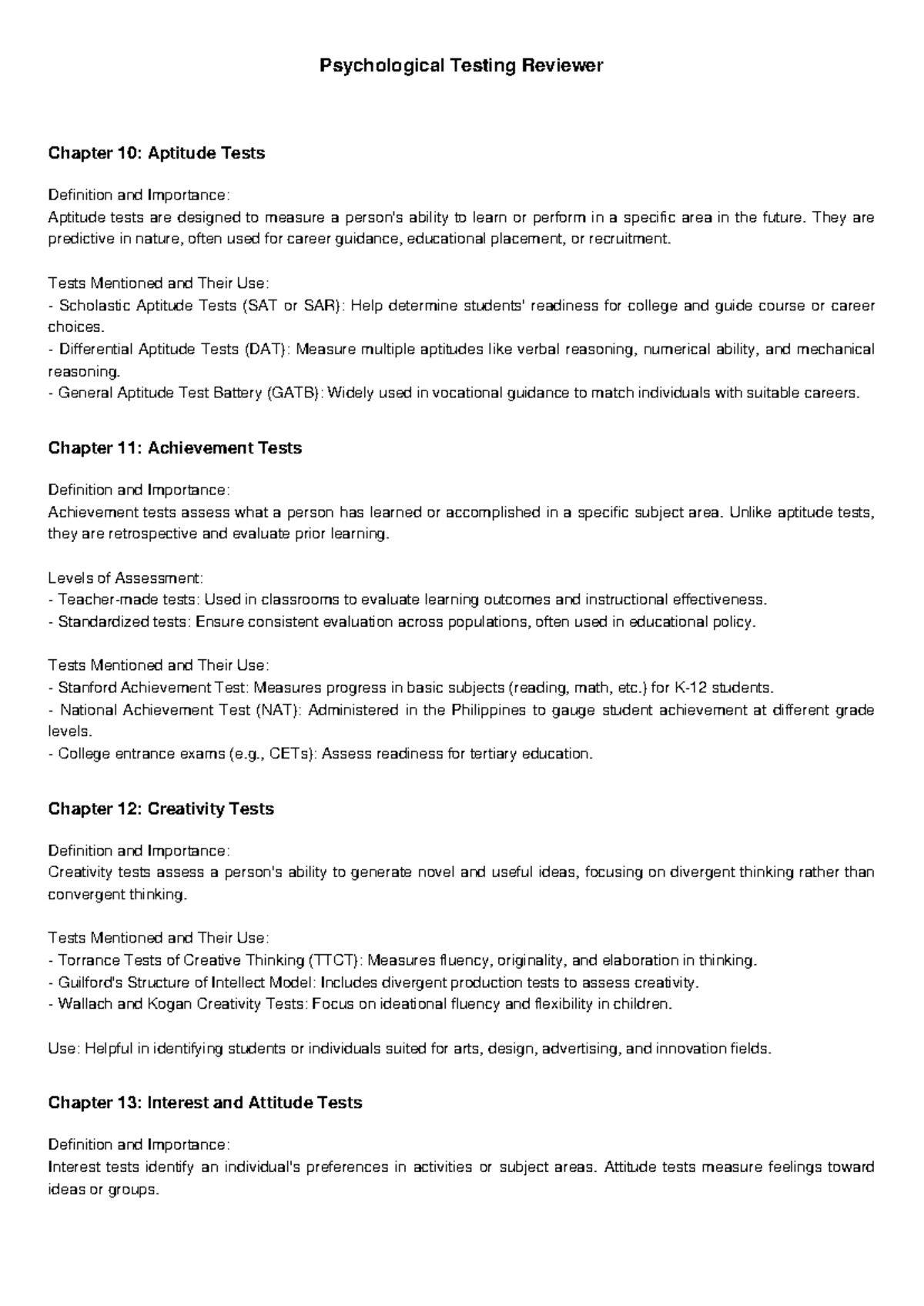 Psychological Testing Reviewer: Aptitude, Achievement & Creativity ...