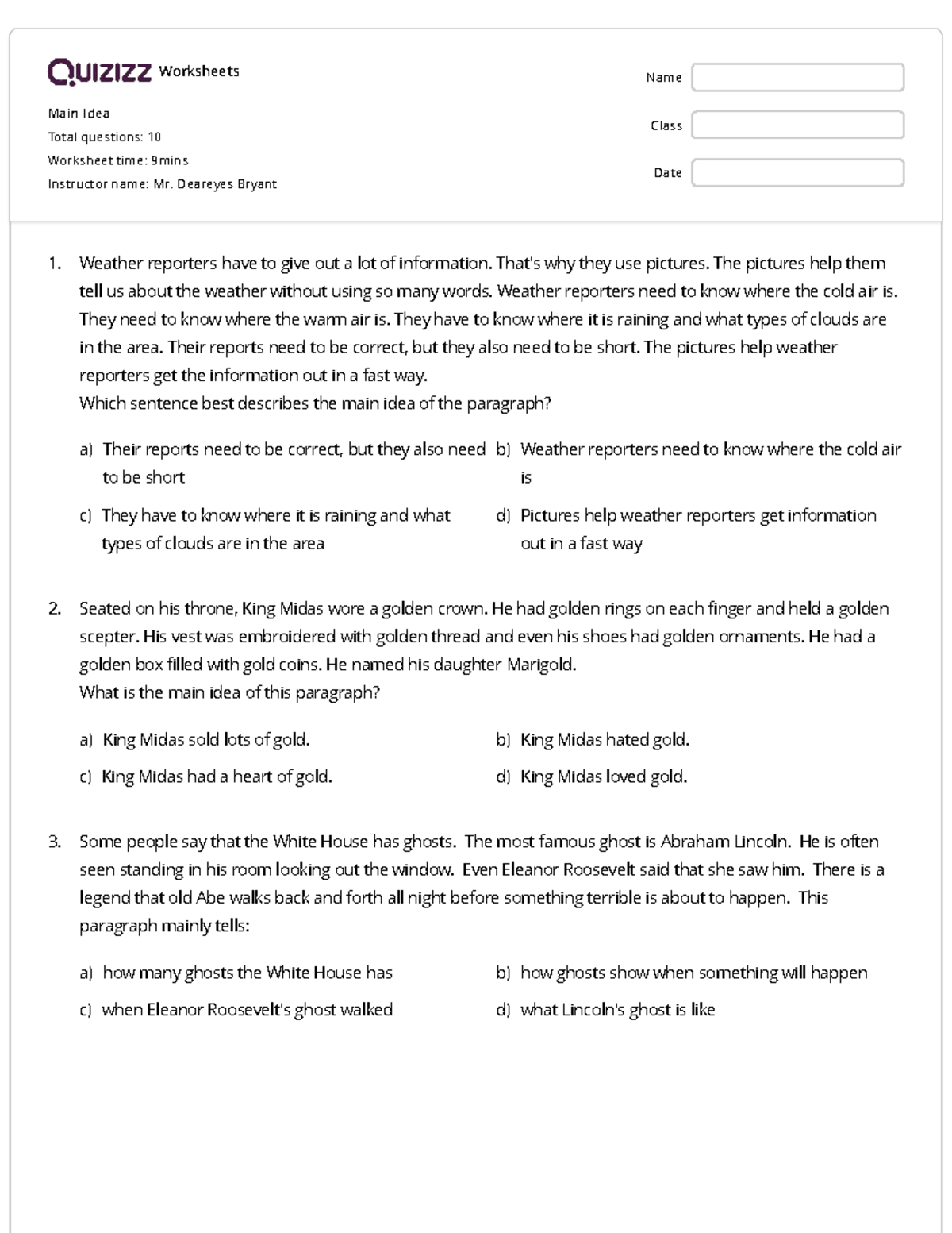 Main Idea and Central Idea Quiz (Worksheet) - Studocu