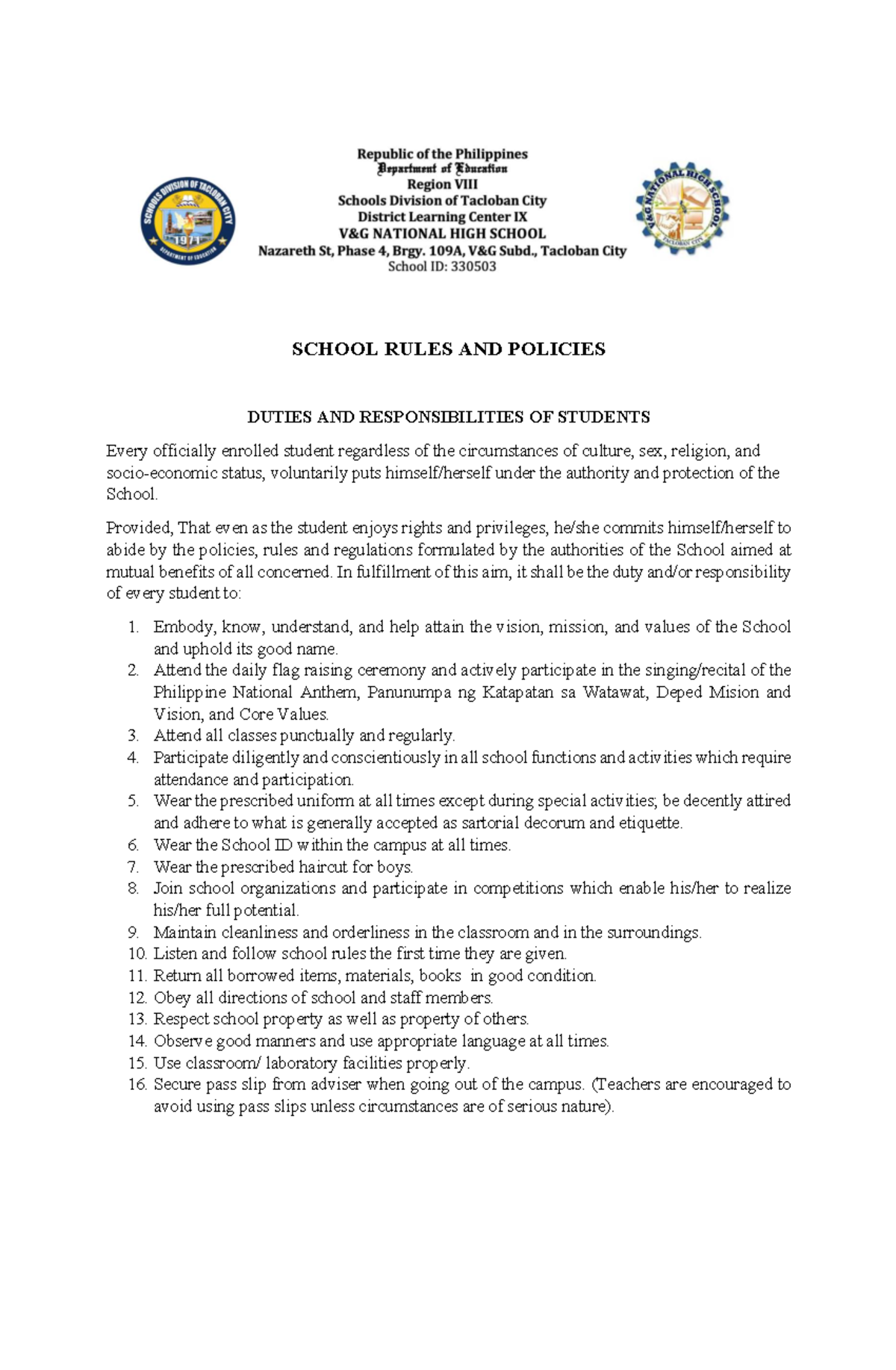 VG 102: School Rules & Policies - Student Duties & Responsibilities - Studocu