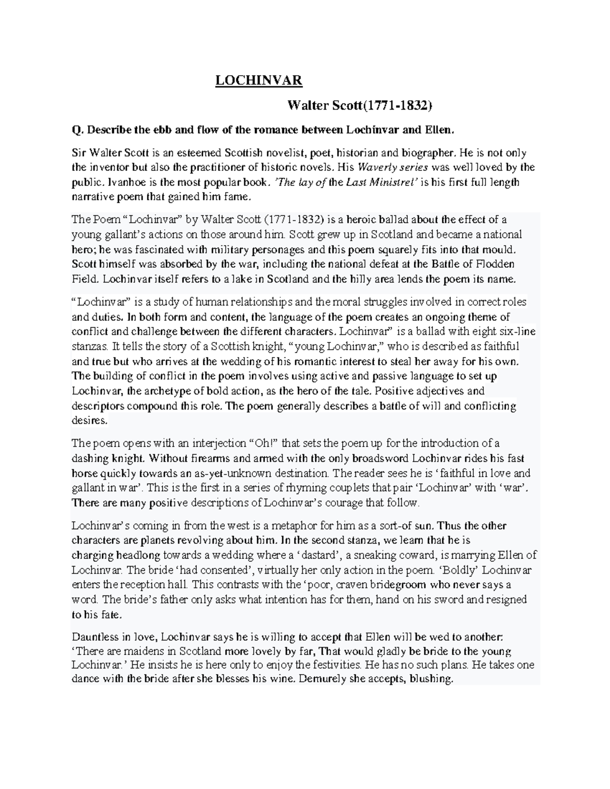 Lochinvar: A Study of Love and Valor in Walter Scott's Ballad - Studocu