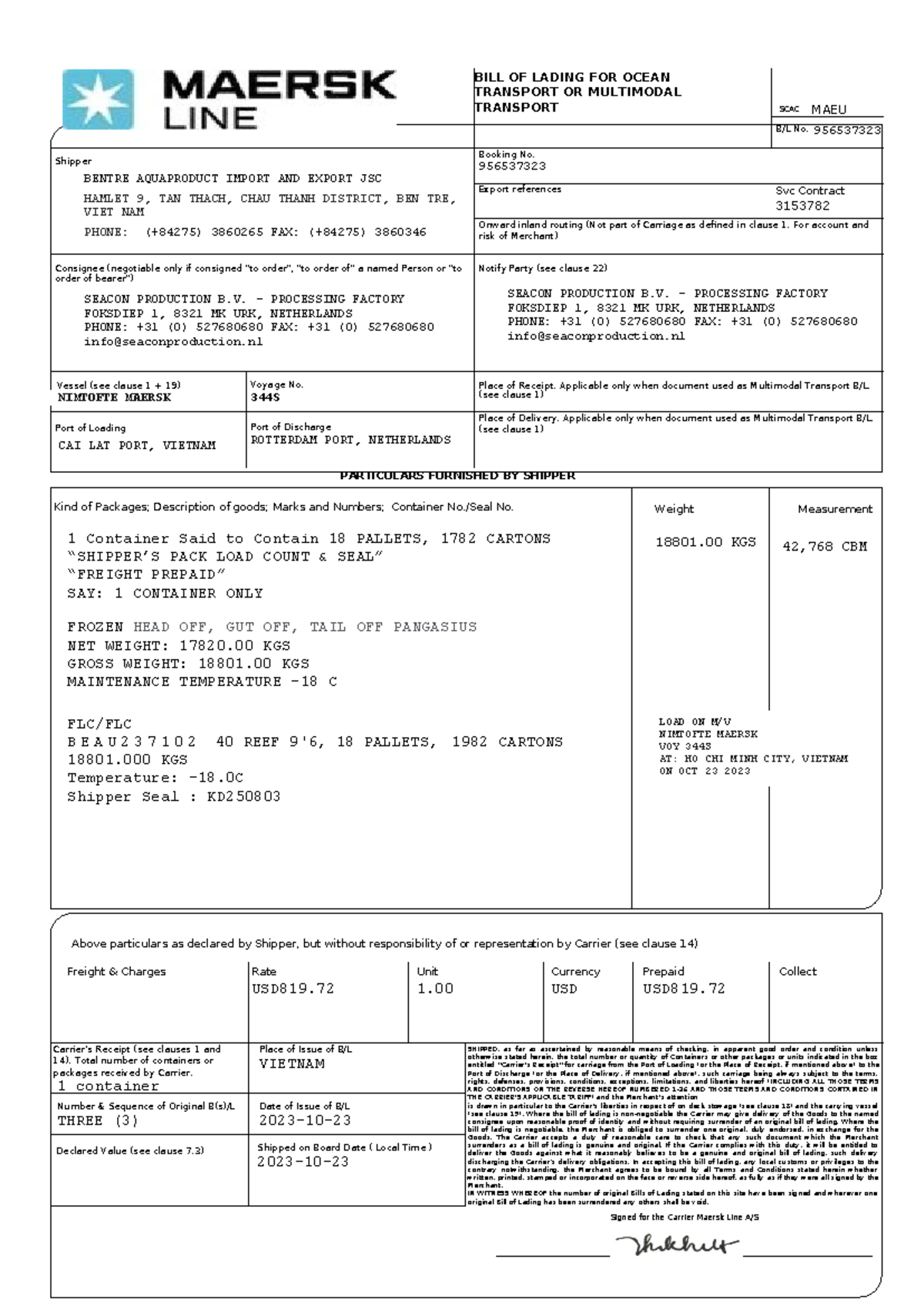 BL- Bill of Lading for Maersk Voyage 344S - Vietnam to Netherlands ...