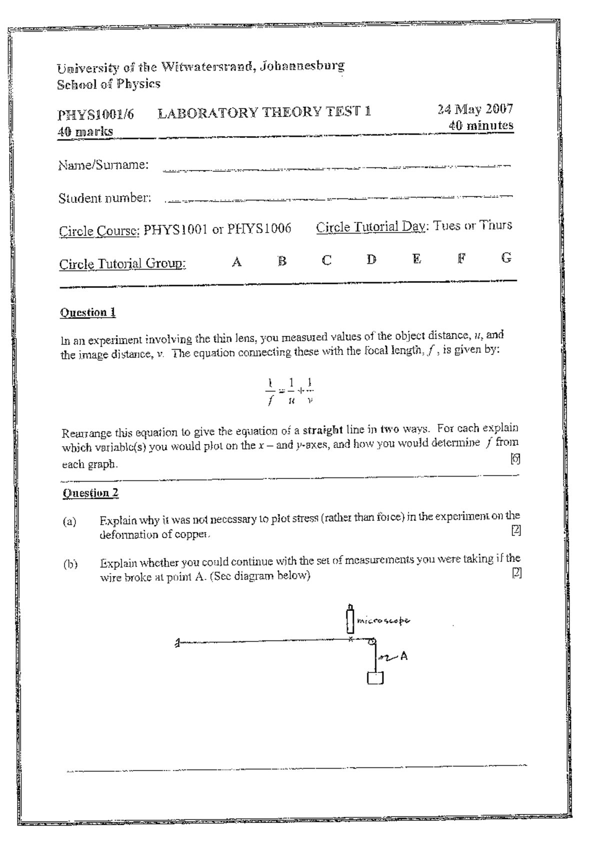 PHYS1001/1006 Practical Test 1: Laboratory Theory Insights (2007) - Studocu