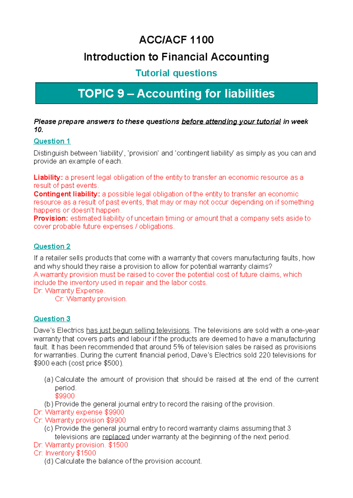 Topic 9 Tutorial Questions (Week 10) - 1100 Financial Accounting - Studocu