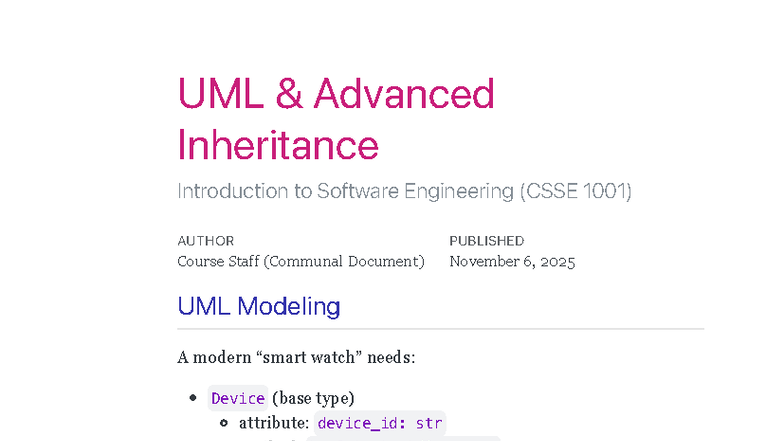 UML & Advanced Inheritance Overview for Software Engineering (CSSE 1001 ...