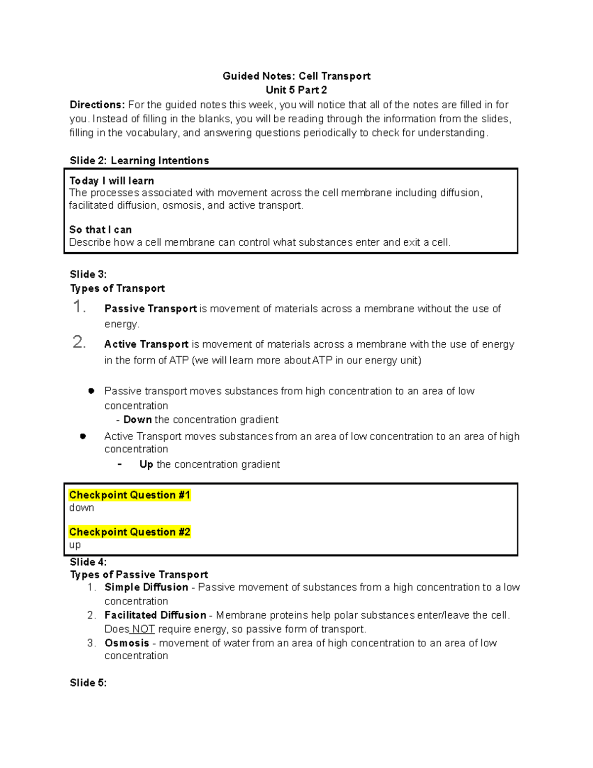 Biology 4 - Assignment 3 Guided Notes on Cell Transport (Unit 5 Part 2 ...