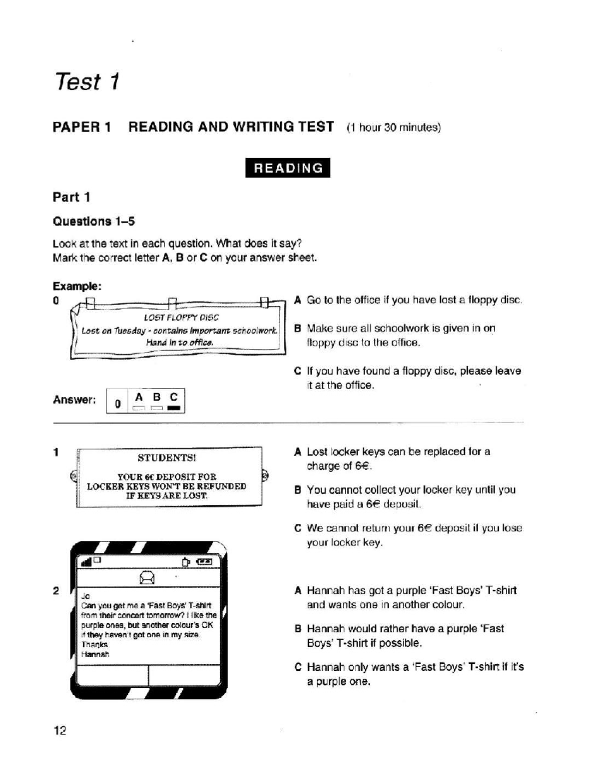 Test 1 PAPER 1 READING AND WRITING TEST - Practice Questions and ...