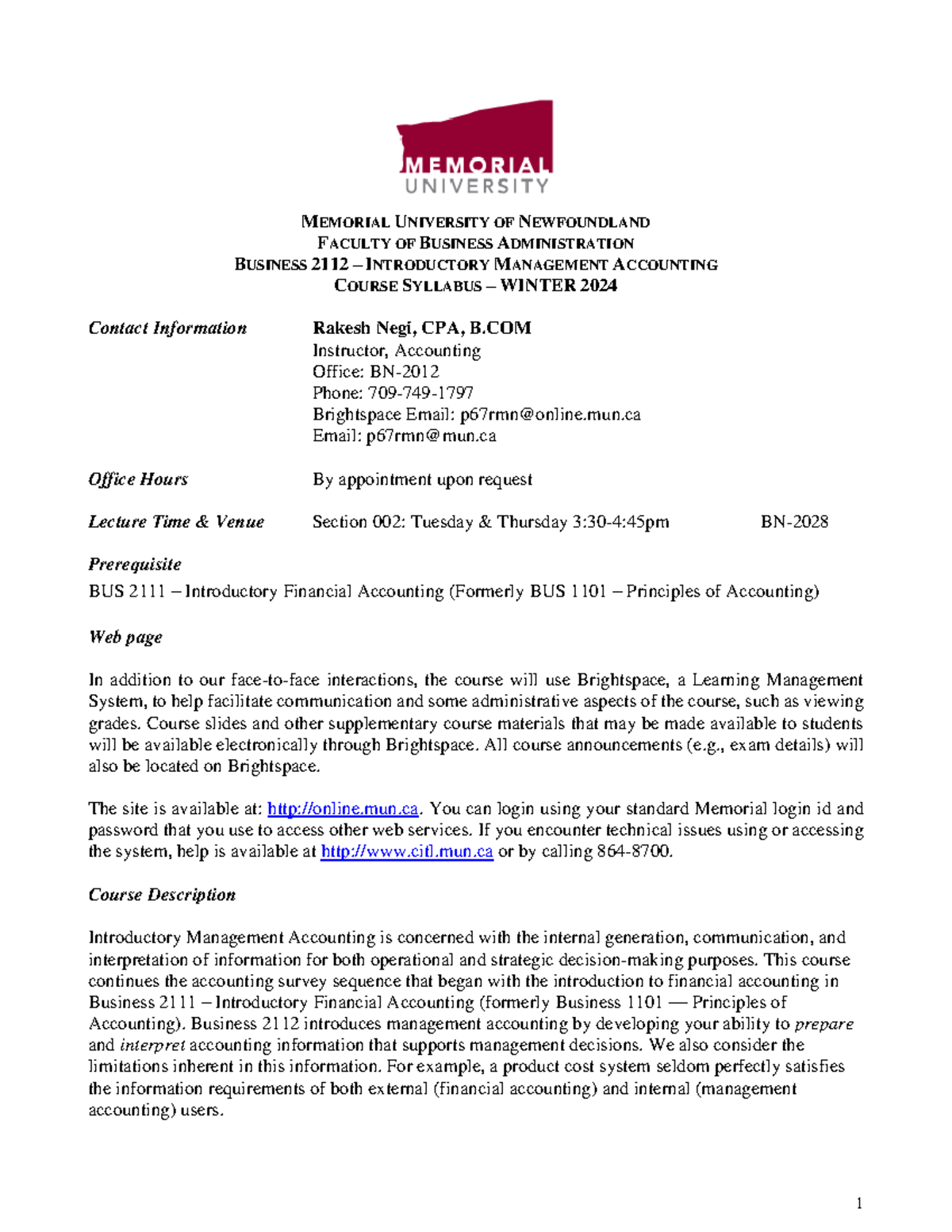 B2112 (W2024) Introductory Management Accounting Course Outline - Studocu