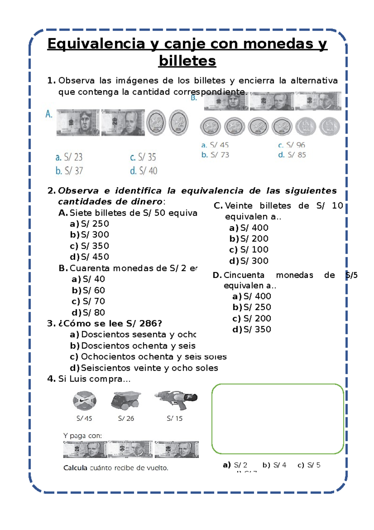 Equivalencias y Canje con Billetes y Monedas: Ejercicios S/. 50 - Studocu