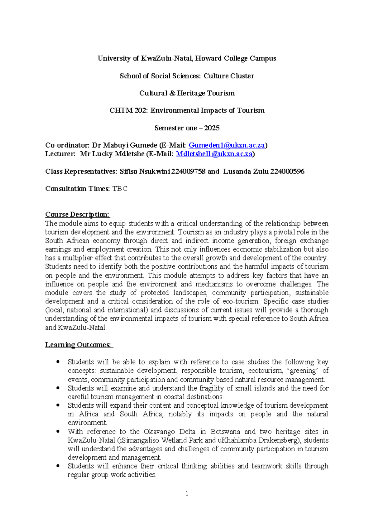 CHTM 202: Environmental Impacts of Tourism - Course Outline 2025 - Studocu
