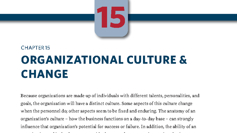 Chapter 15: Organizational Culture Change - A46143 E86597 - Studocu