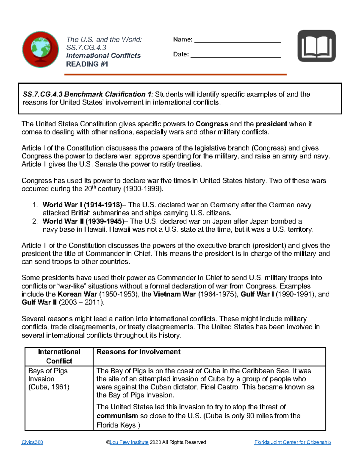 US Involvement in International Conflicts: SS.7.CG.4.3 Reading Guide - Civics360 ©Lou Frey ...