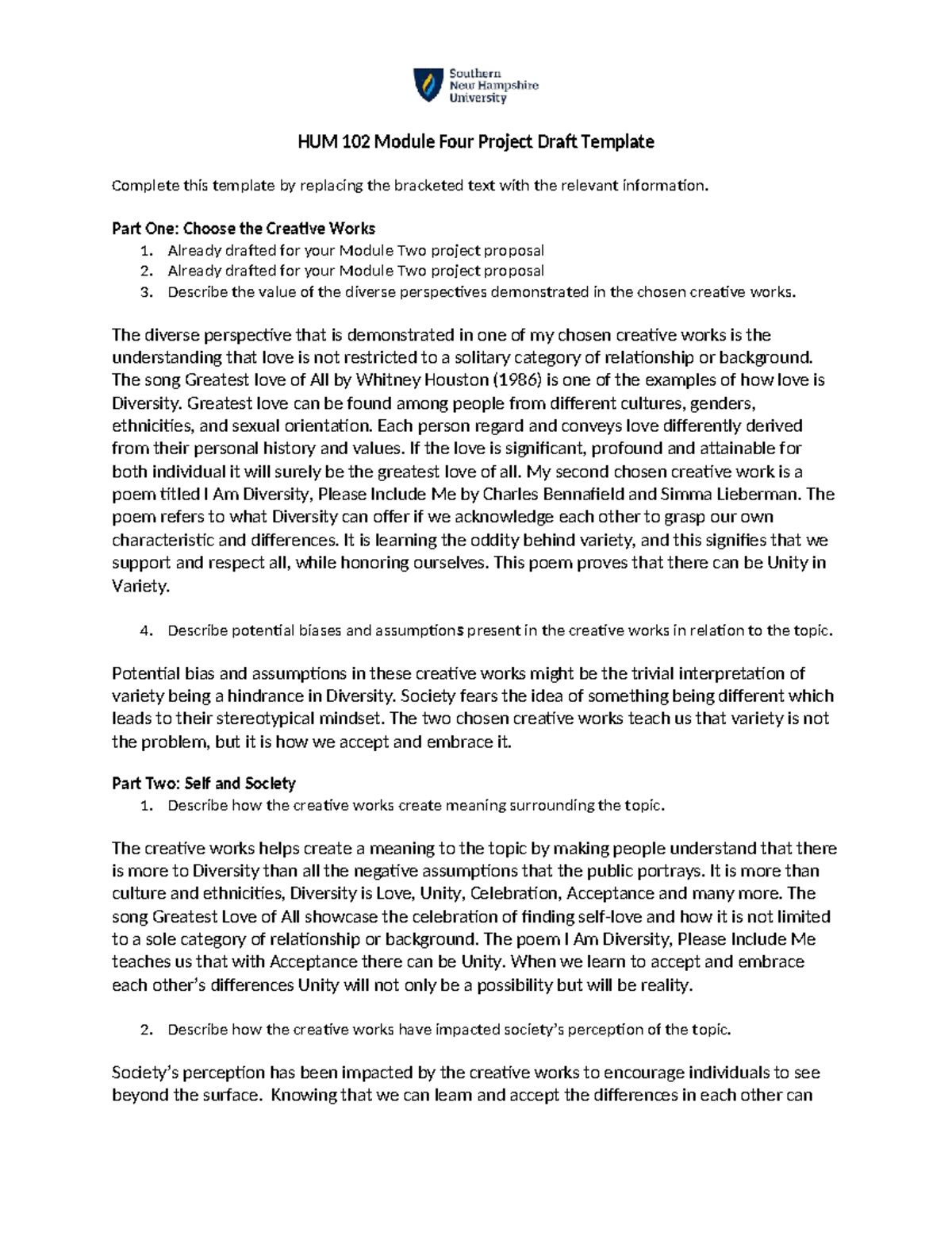 HUM 102 Module Four Project Draft: Exploring Diversity in Creative ...