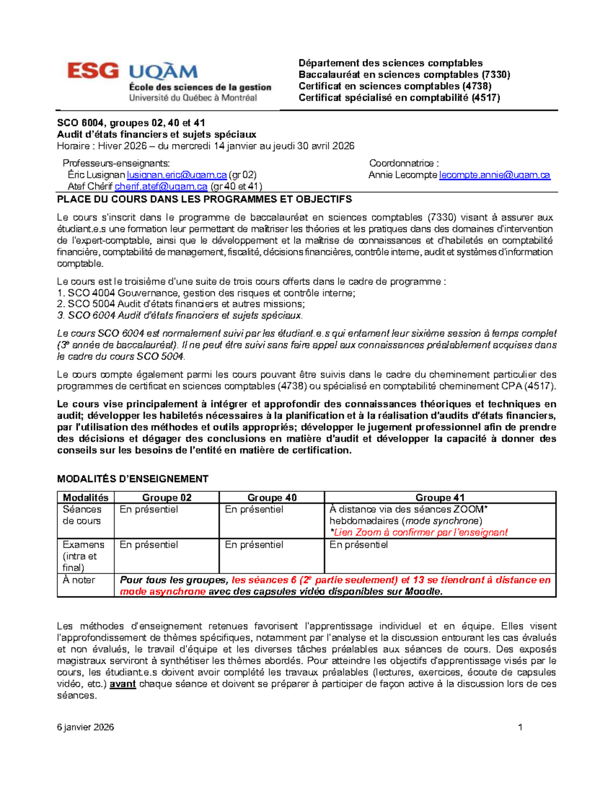 SCO 6004 H26 - Plan de Cours : Audit Financiers et Sujets Spéciaux ...