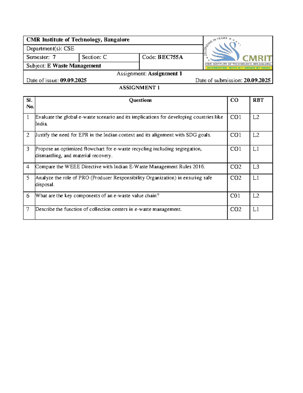 BEC755A E Waste Management Assignment 1 Sample Questions - Studocu