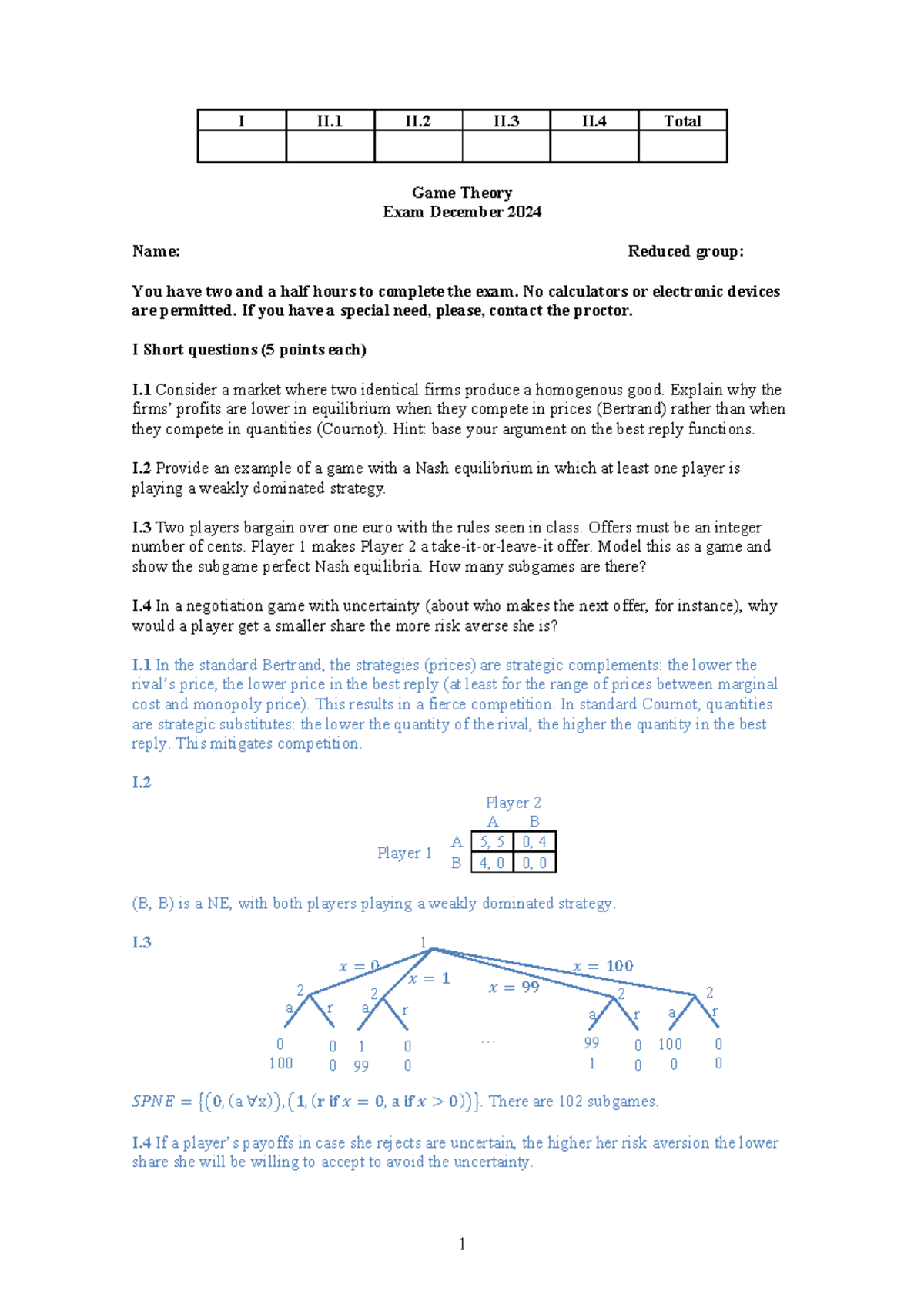 Game Theory Exam (II.1 - II.4) - December 2024 - Studocu