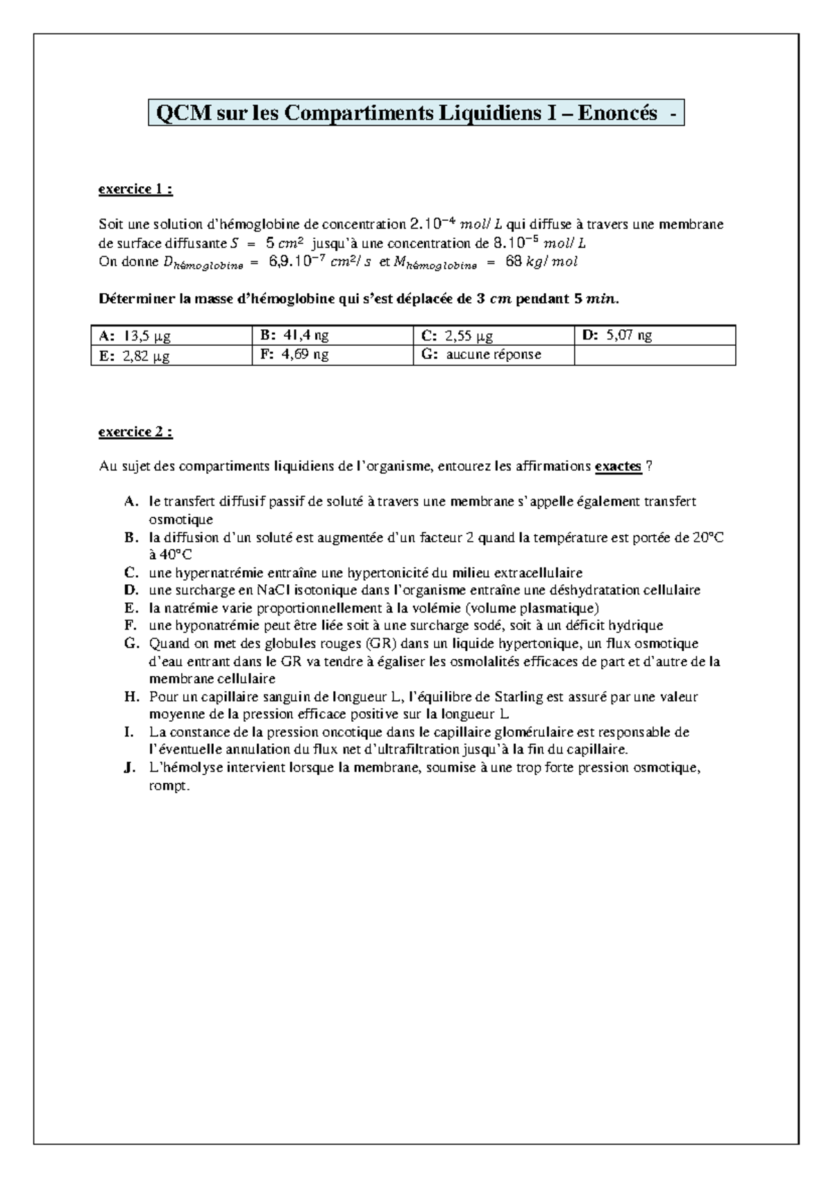 QCM sur les Compartiments Liquidiens - Exercices et Solutions - Studocu