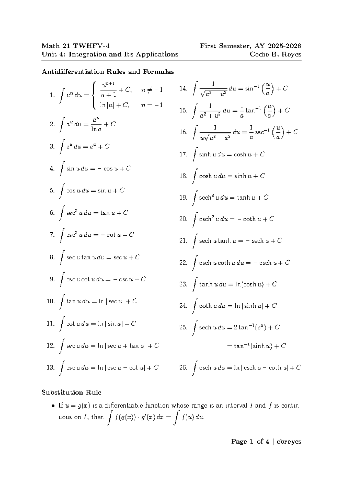Math 21 Unit 4: Integration Techniques and Applications Summary - Studocu