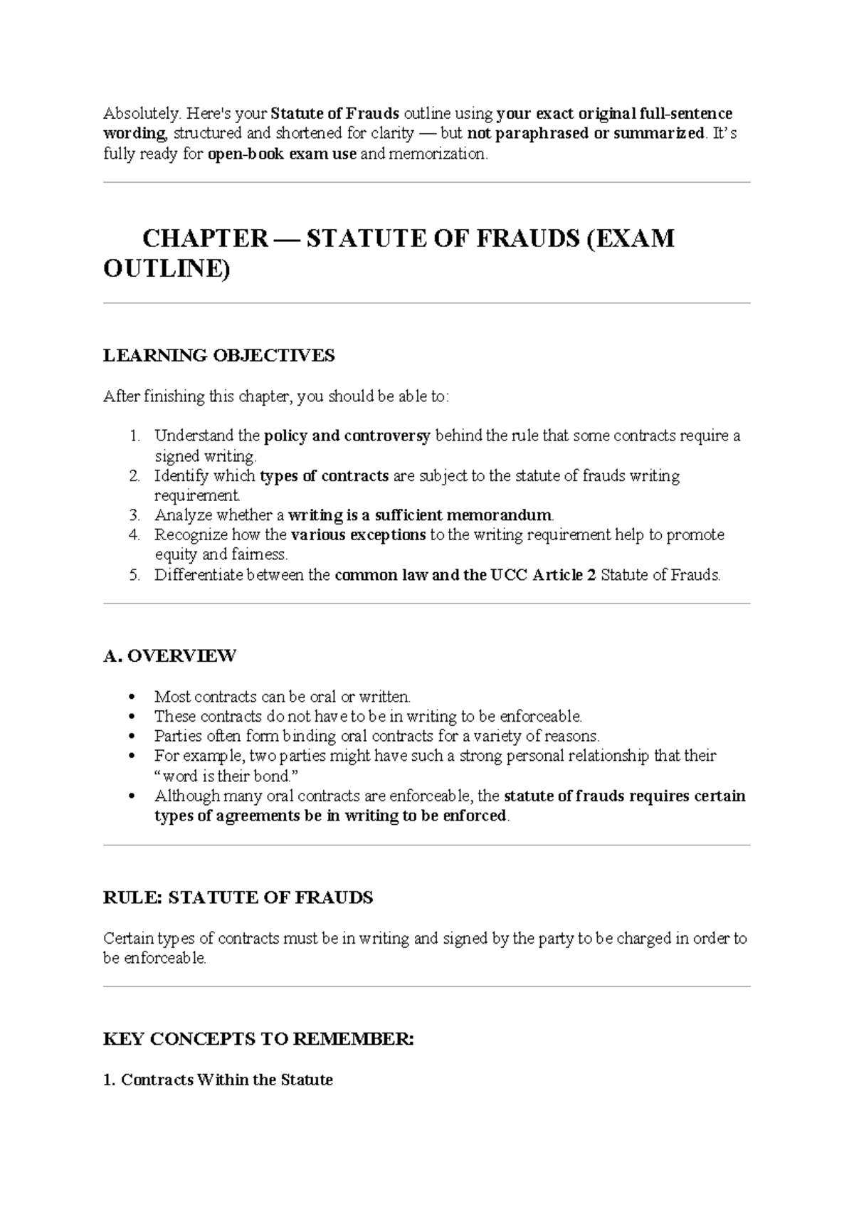 Chapter 14: Statute of Frauds Exam Outline and Key Concepts - Studocu