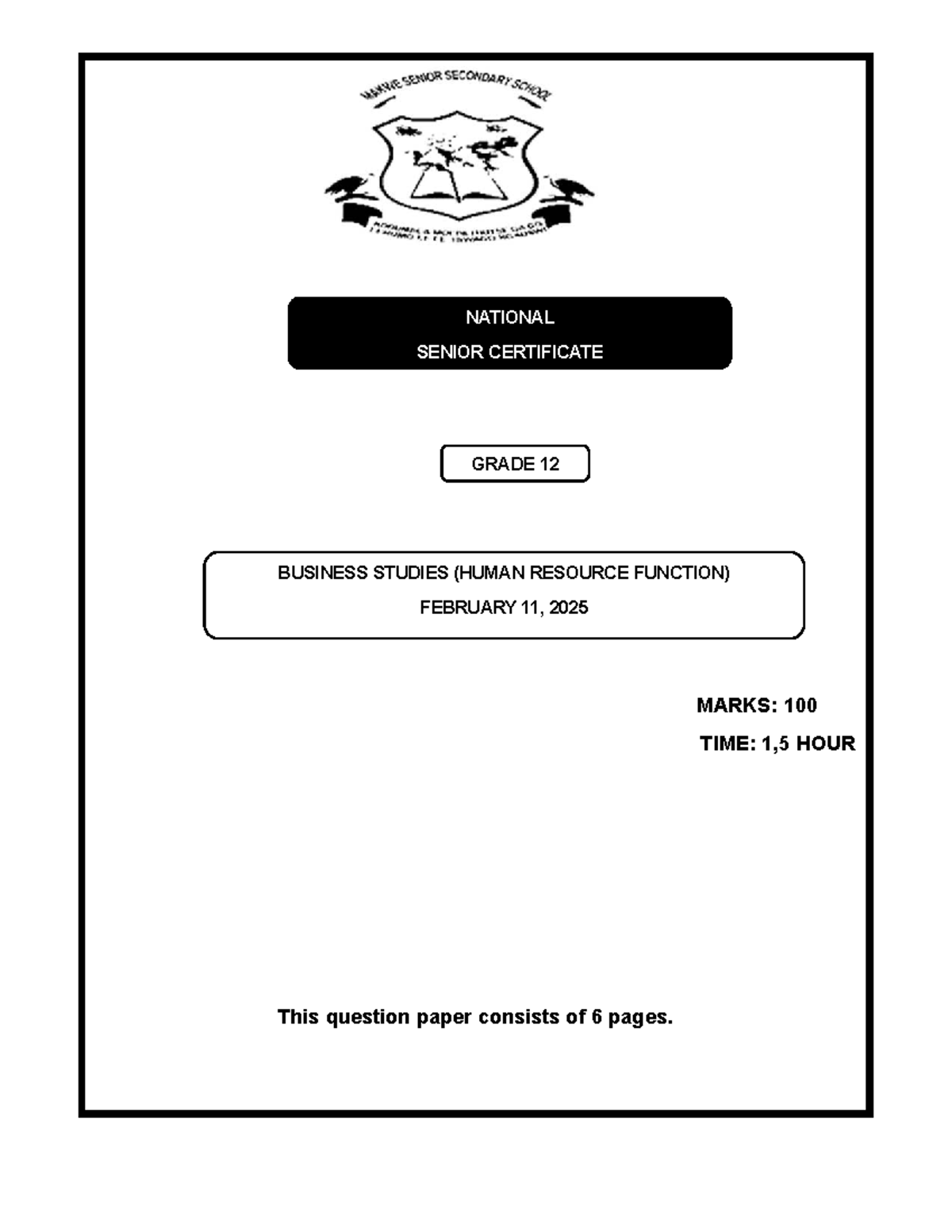 NATIONAL SENIOR CERTIFICATE GRADE 12 BUSINESS STUDIES HR FUNCTION TEST ...