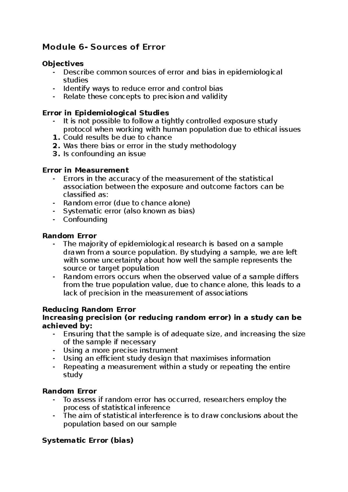 Module 6 Epidemiology: Sources of Error and Bias in Studies - Studocu