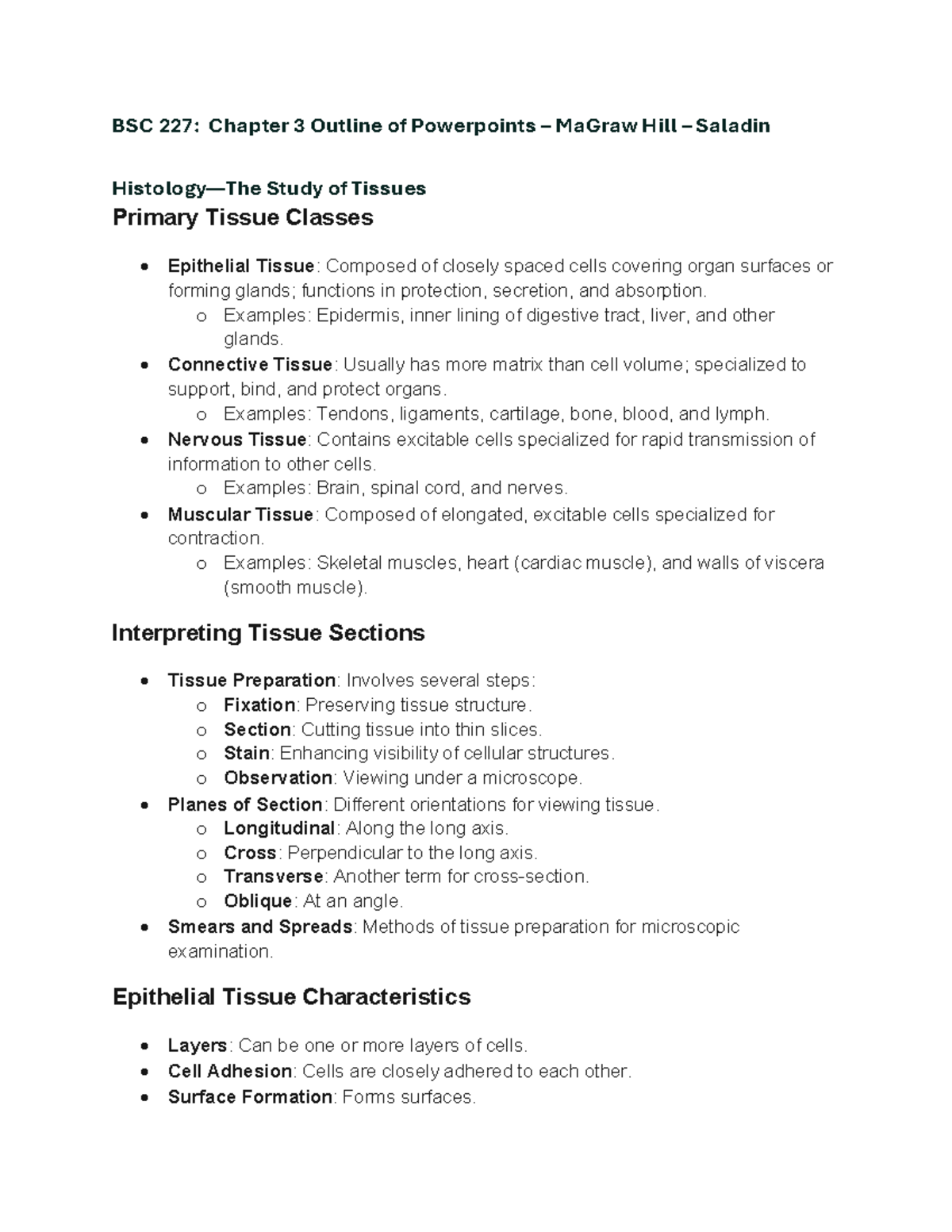 BSC 227: Chapter 3 Histology Overview and Tissue Types - Studocu