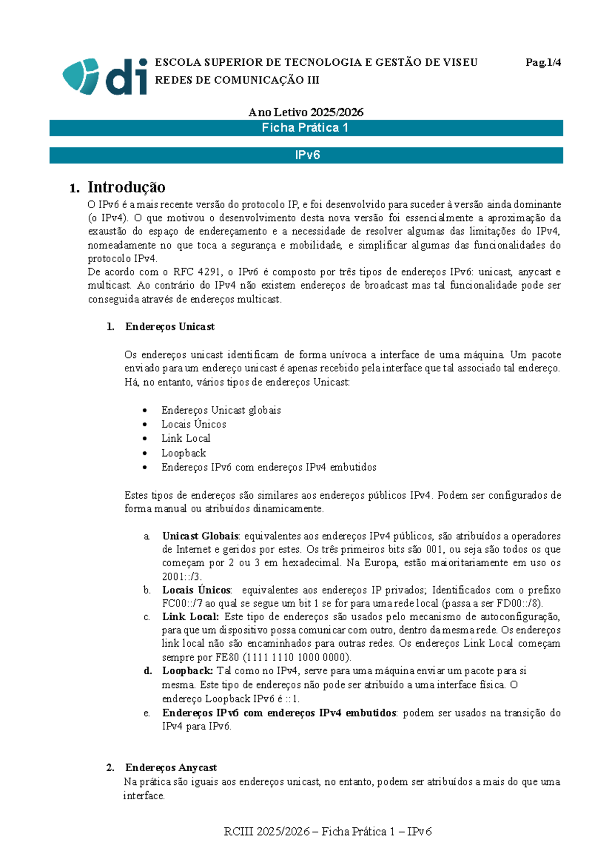 Ficha Prática 1: IPv6 - Redes de Comunicação (Rciii-FP001-2526) - Studocu