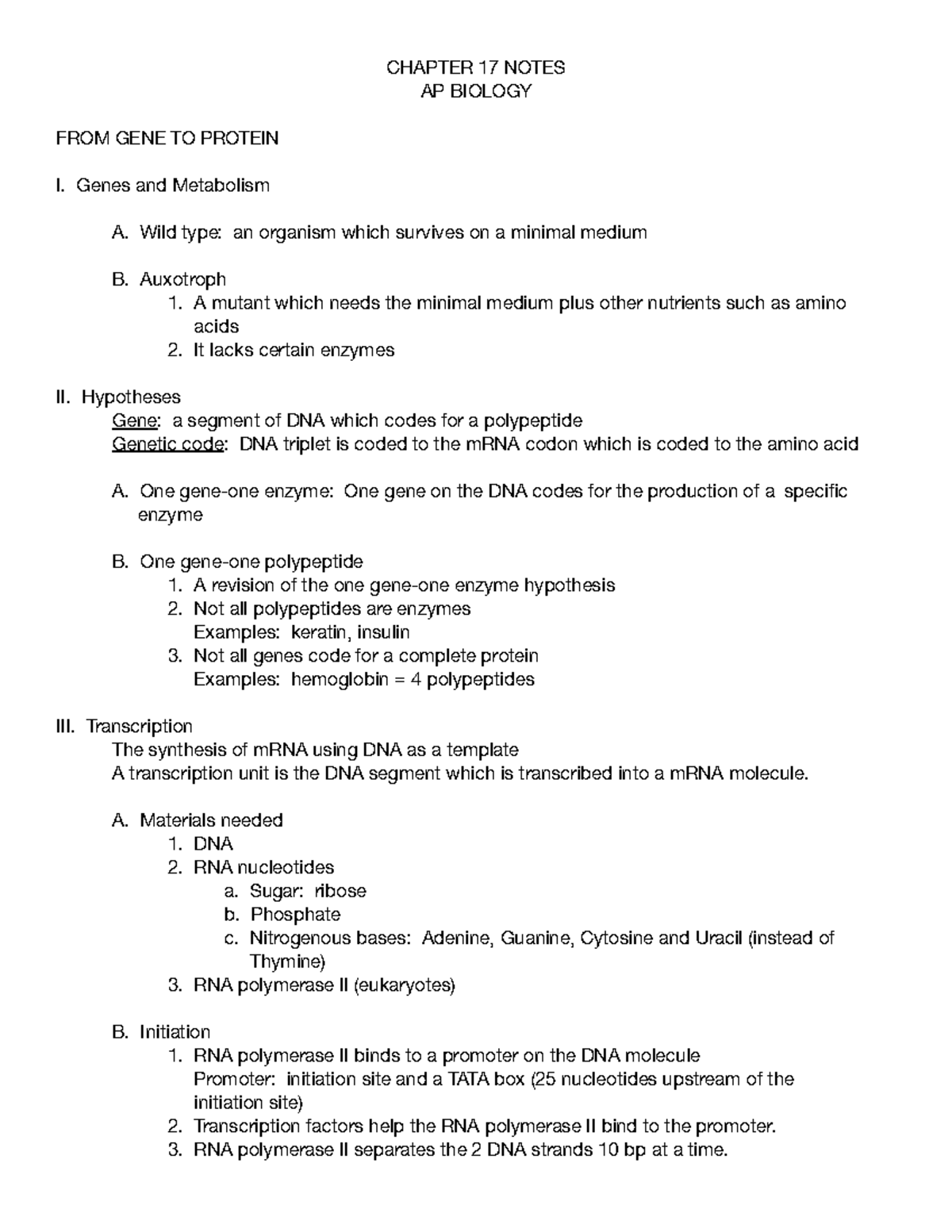 AP BIOLOGY Chapter 17 Notes: Understanding Gene to Protein Transition ...