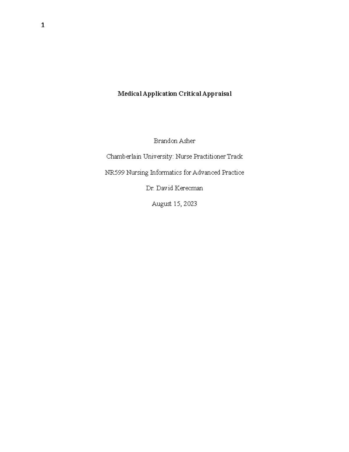 NR599 Medical App Critical Appraisal Paper - Medical Application ...