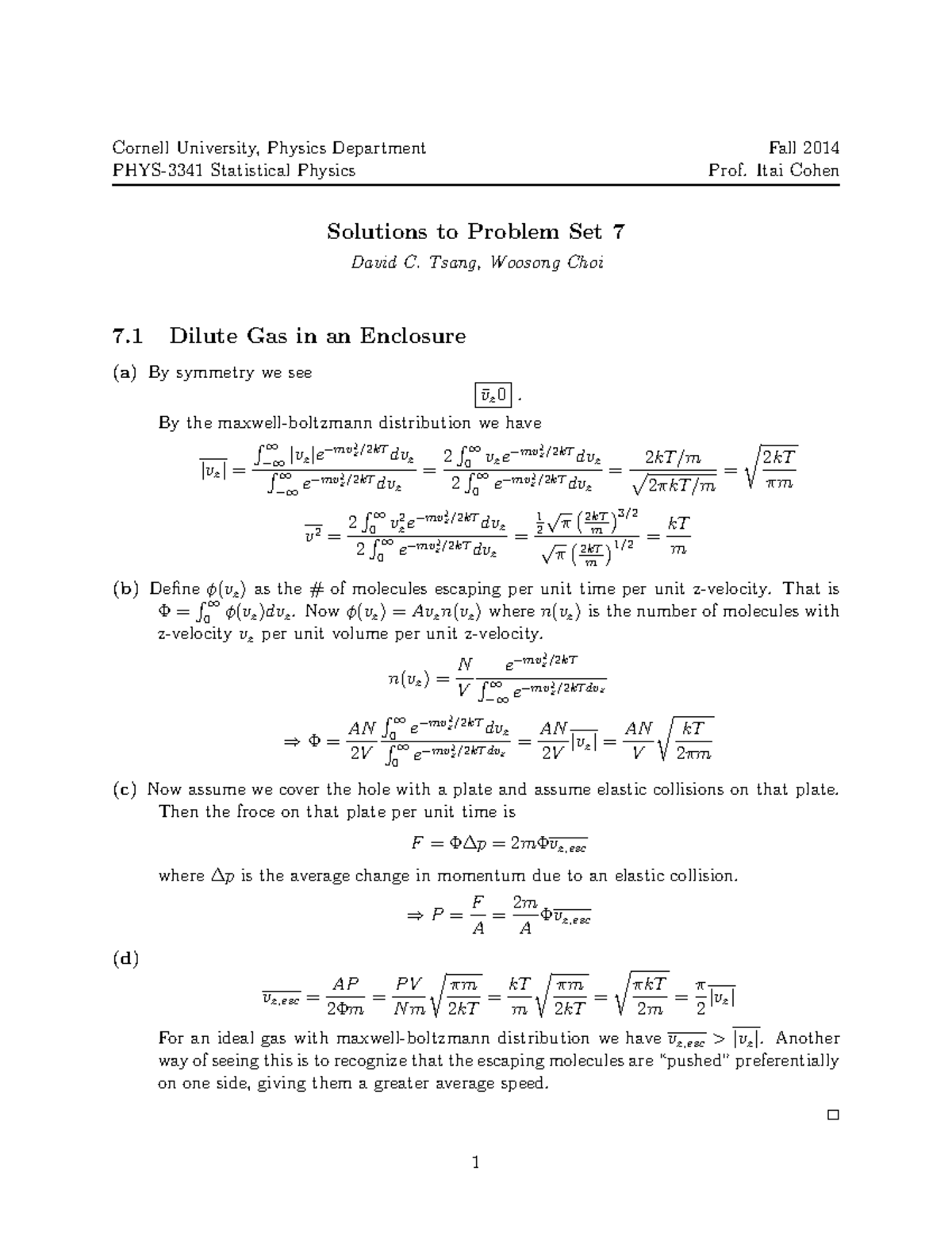 Seminar assignments - Problem set 7 solutions - Cornell University, Physics Department ...