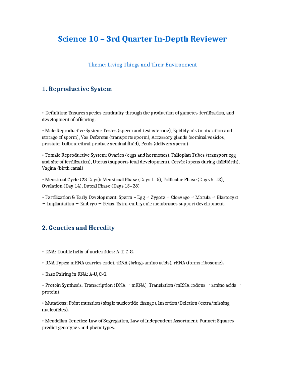 Science 10 Q3 In-Depth Reviewer: Living Things & Environment - Studocu